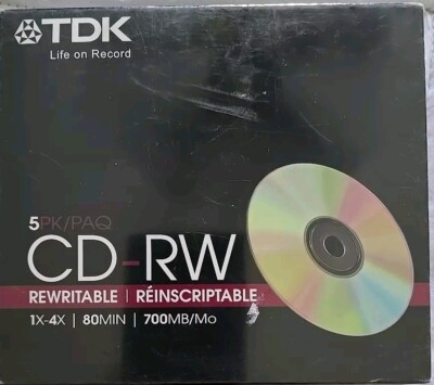 TDK CD-RW 5 Pack, 1x-4x, 80 min, 700MB Rewritable Media Discs (New ...