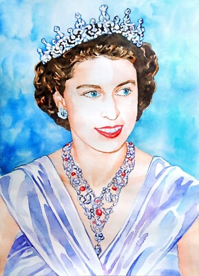 11,69 × 16,06" Young Elizabeth II ~Queen ~ watercolor SIGNED and DATED ...