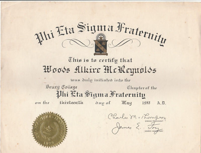 VINTAGE 1953 PHI ETA SIGMA FRATERNITY DRURY COLLEGE CERTIFICATE | eBay
