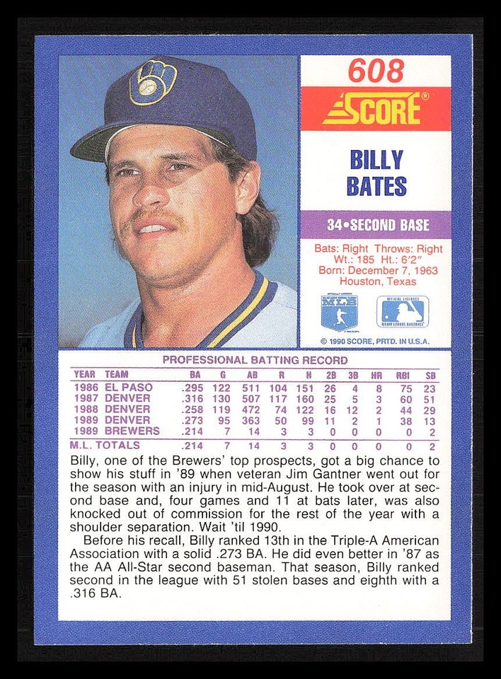 Billy Bates 1990 Score #608a Milwaukee Brewers | eBay
