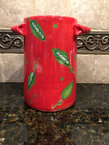 FORESIDE CERAMIC KITCHEN UTENSIL CANISTER/JAR w/ROPE HANDLES RED w/PEAS ...