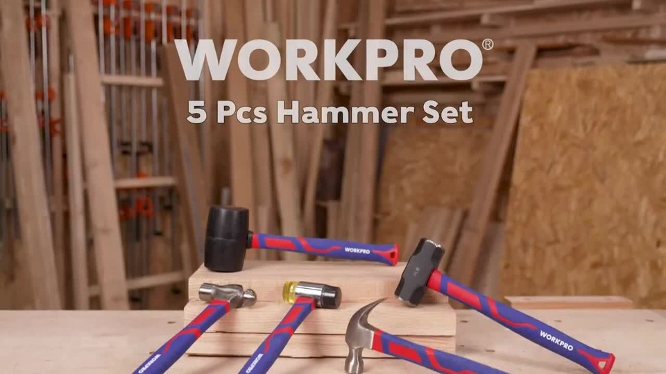 WORKPRO Hammer Set 5PC 16oz Claw Hammer 32oz Rubber Mallet 3lb Sledge ...