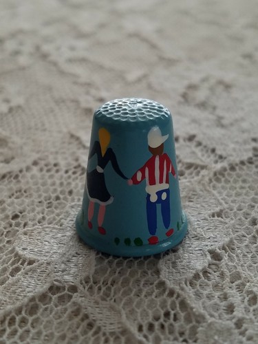 VINTAGE METAL BLUE THIMBLE MAN WOMAN BOY GIRL HAND PAINTED MADE IN ...