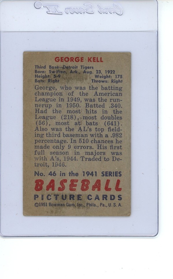 1951 Bowman George Kell baseball card, #46 in the set Hall of Fame ...