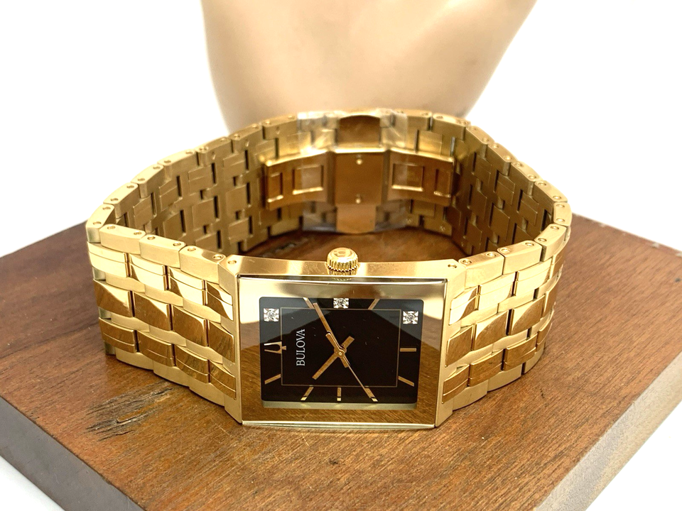 Bulova Men's Watch 97D132 Quadra Quartz Diamond Black Dial Gold Steel ...