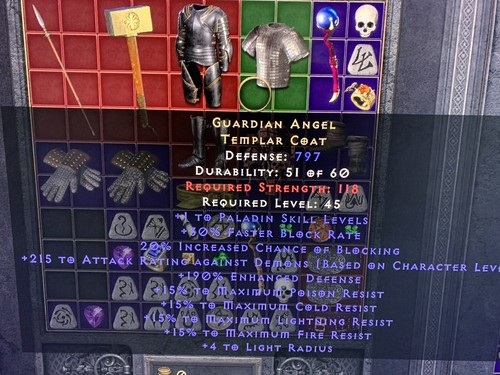 Guardian angel armor, And 1 Paladin Skill And +15to All Max Resist, D2r ...