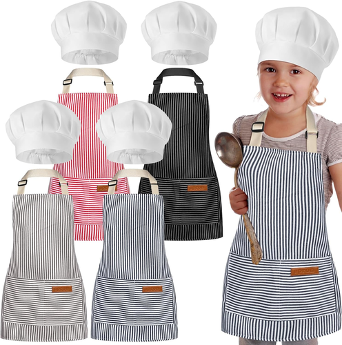 4 Sets Kids Apron and Chef Hat Set Toddler Adjustable Stripe Cotton ...