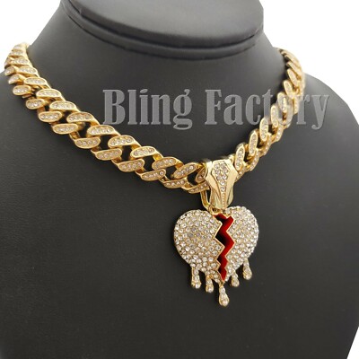 Hip Hop Drip Broken Heart pendant 18" Iced Box Lock Cuban Choker Chain ...