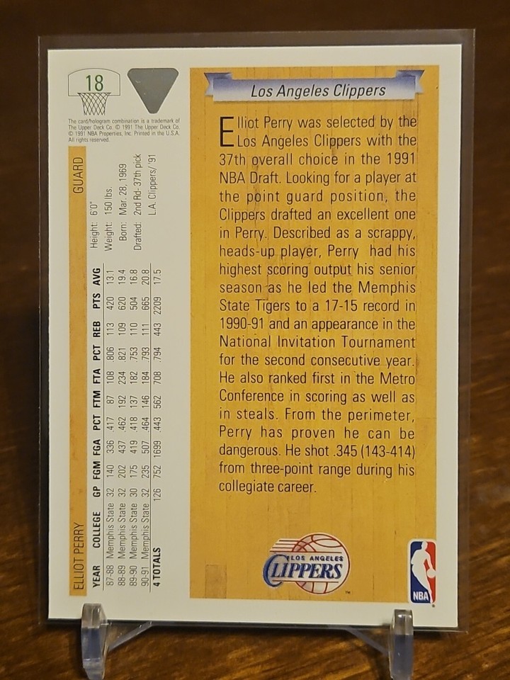 1991-92 Upper Deck Basketball Card Elliot Perry Los Angeles Clippers ...