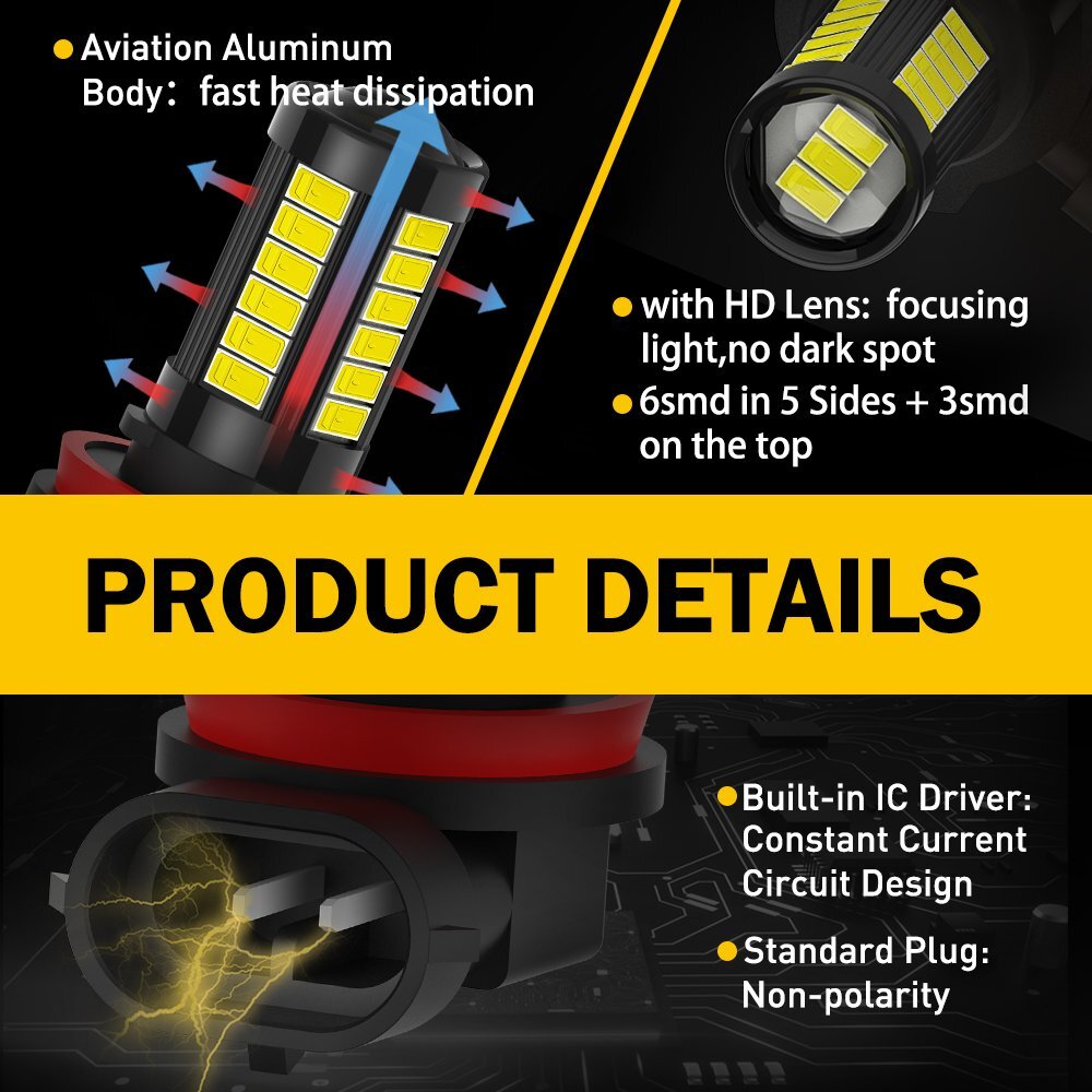 2x Canbus H8 H9 H11 LED Headlight Globes Bulb Kit Beam H/Low 1000LM ...