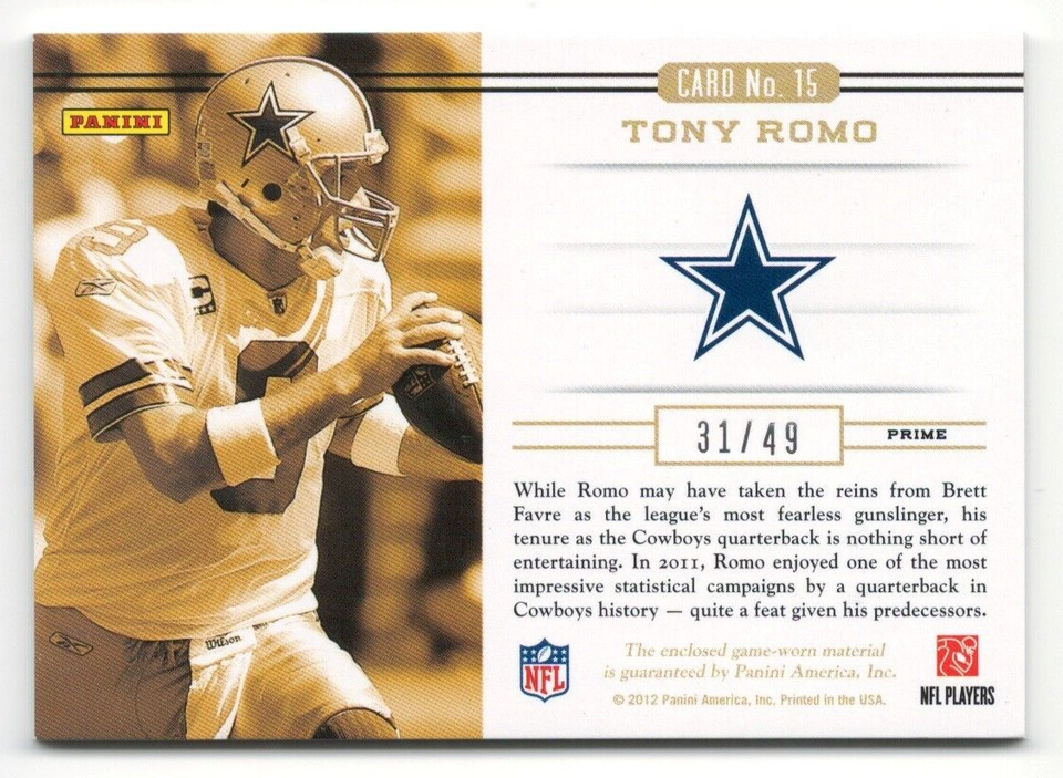 Tony Romo 2012 Certified Gold Team Materials Prime /49 #15 Numbered ...