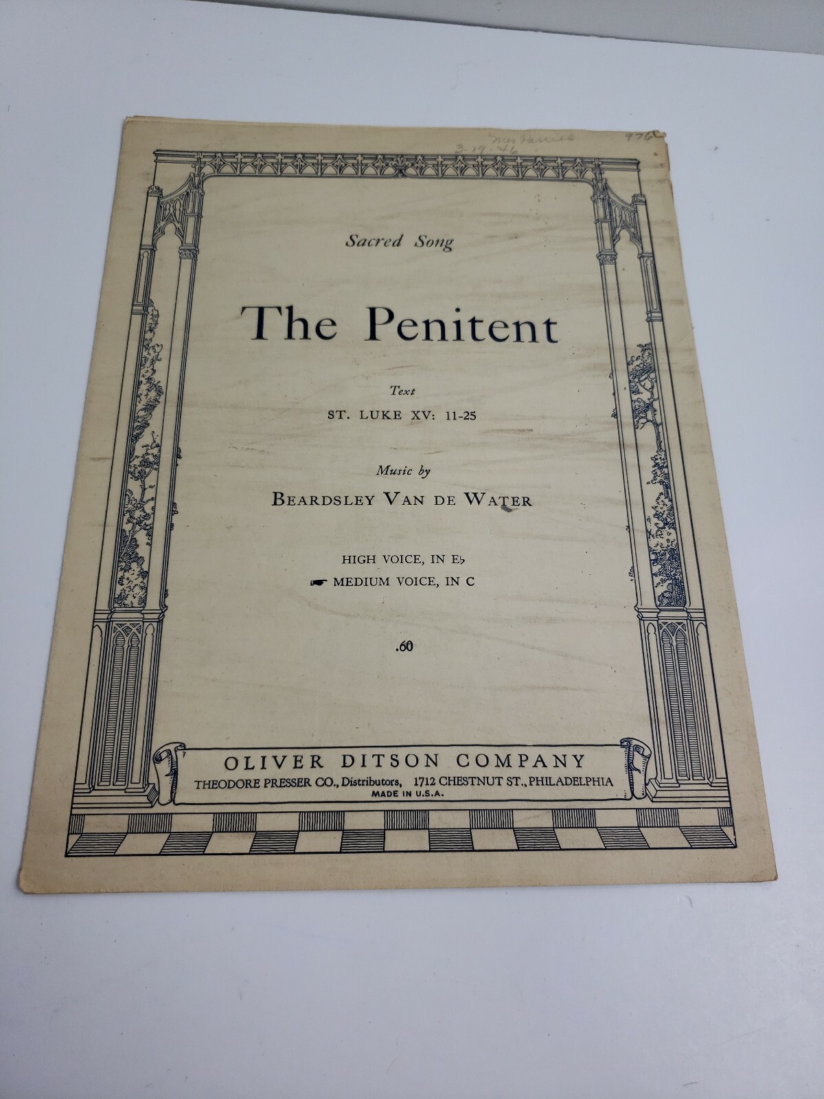 The PENITENT - Sacred Song by VAN DE WATER 1892 Antique Piano Sheet ...
