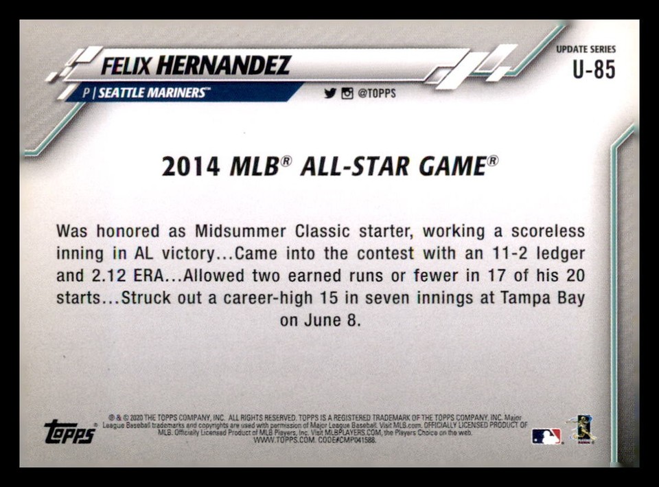 2020 Topps Update #U-85 Felix Hernandez | eBay