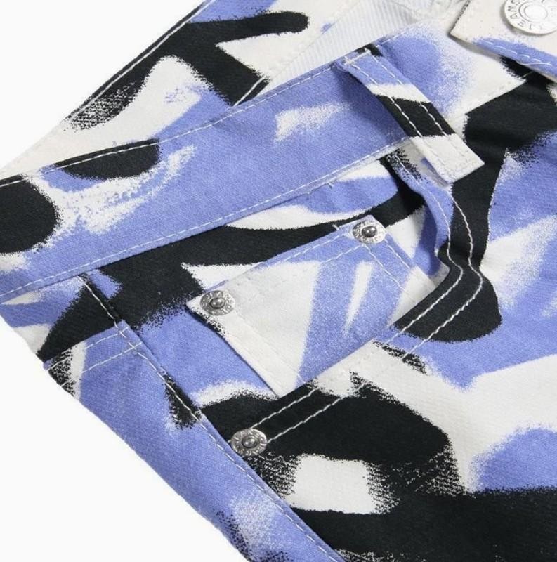 Men's Straight Leg Printed White Blue Casual Denim Cotton Jeans Punk ...