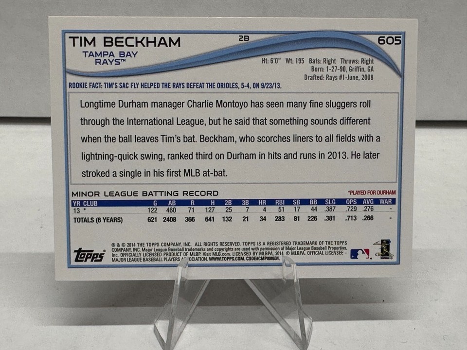 2014 Topps Baseball Card #605 Tim Beckham RC Tampa Bay Rays | eBay