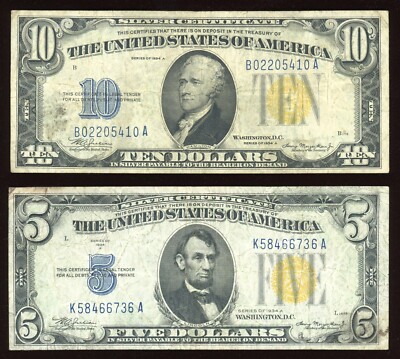 Set of 1934 $10 & $5 Silver Certificate Yellow Seal North Africa ...