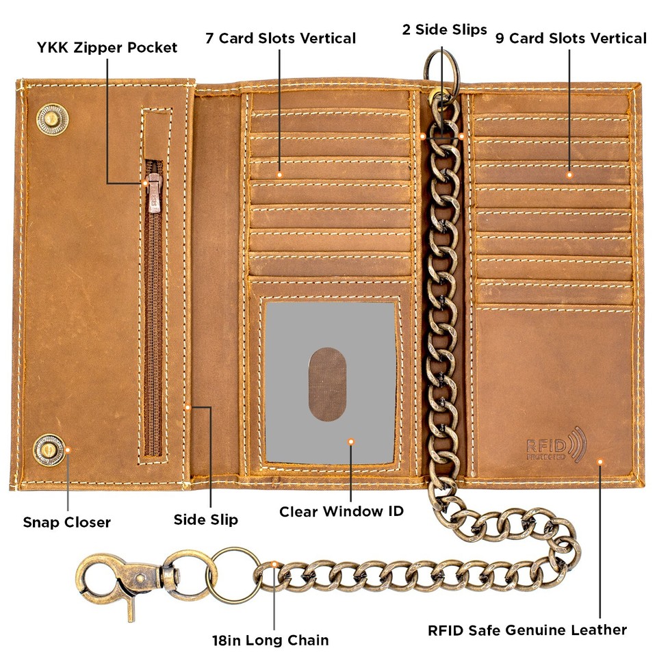Chain wallet for Men RFID safe Long Checkbook Leather Card Case Crazy ...
