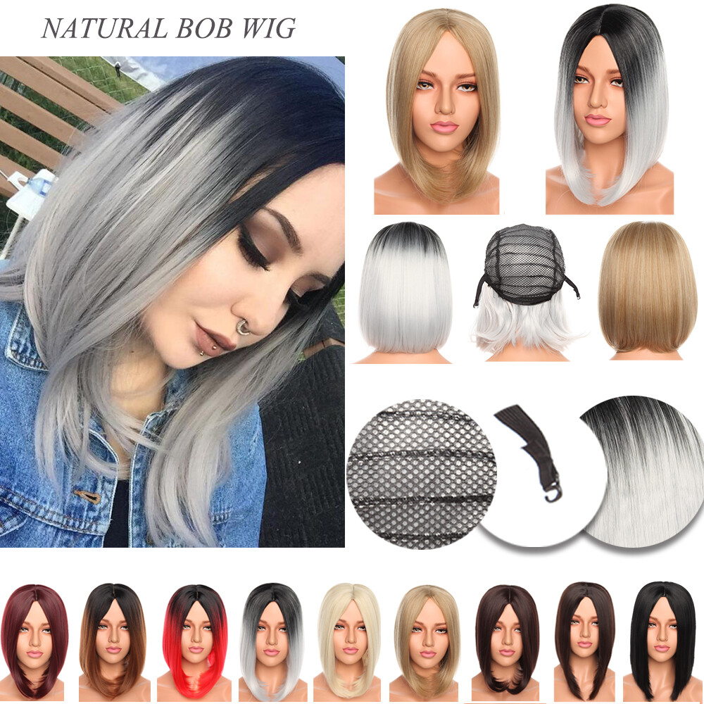 Short Wavy Straight Women Wigs without Bangs Black Bob Synthetic As ...