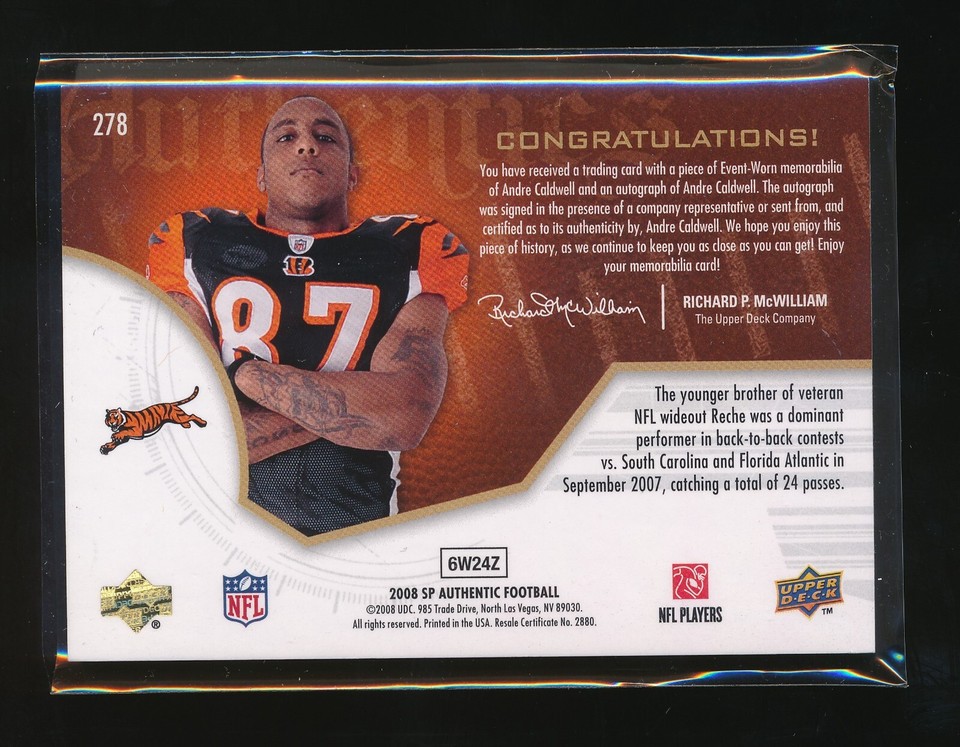 ANDRE CALDWELL 2008 SP AUTHENTIC #278 PATCH RC AUTO #/999 *CINCINNATI ...