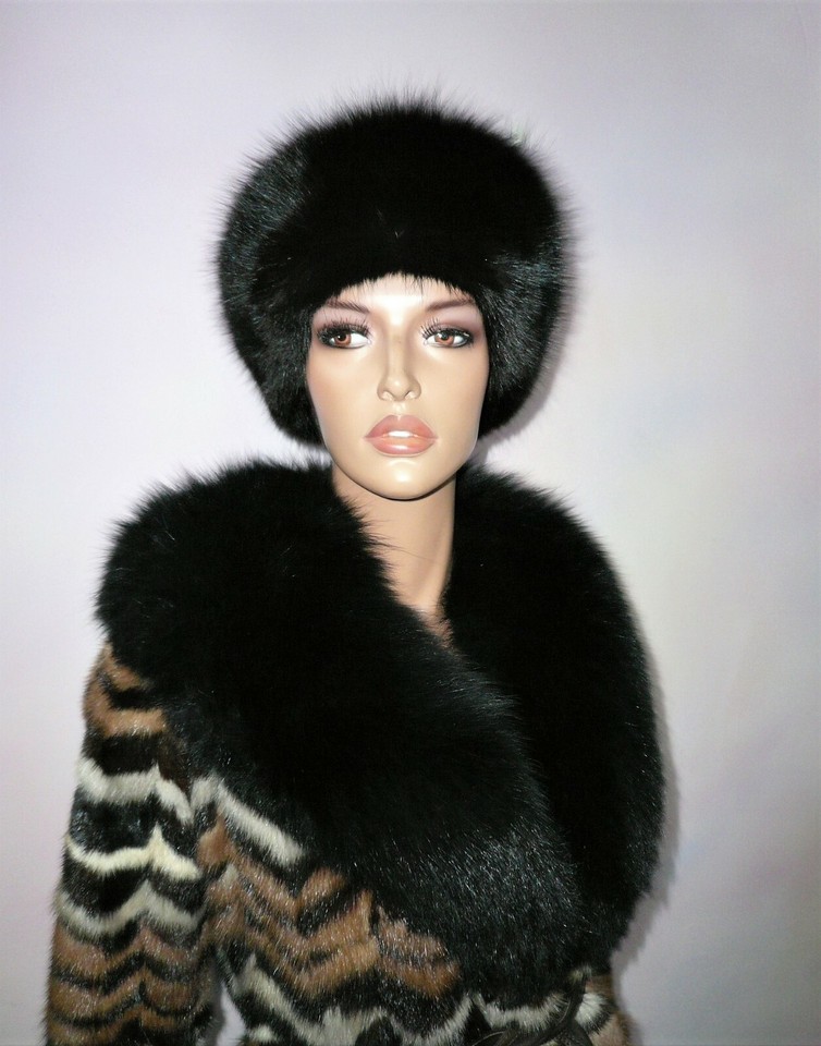 Vintage Real Farmed Arctic Fox Fur Hat for Coat Jacket Jet Black Песец ...