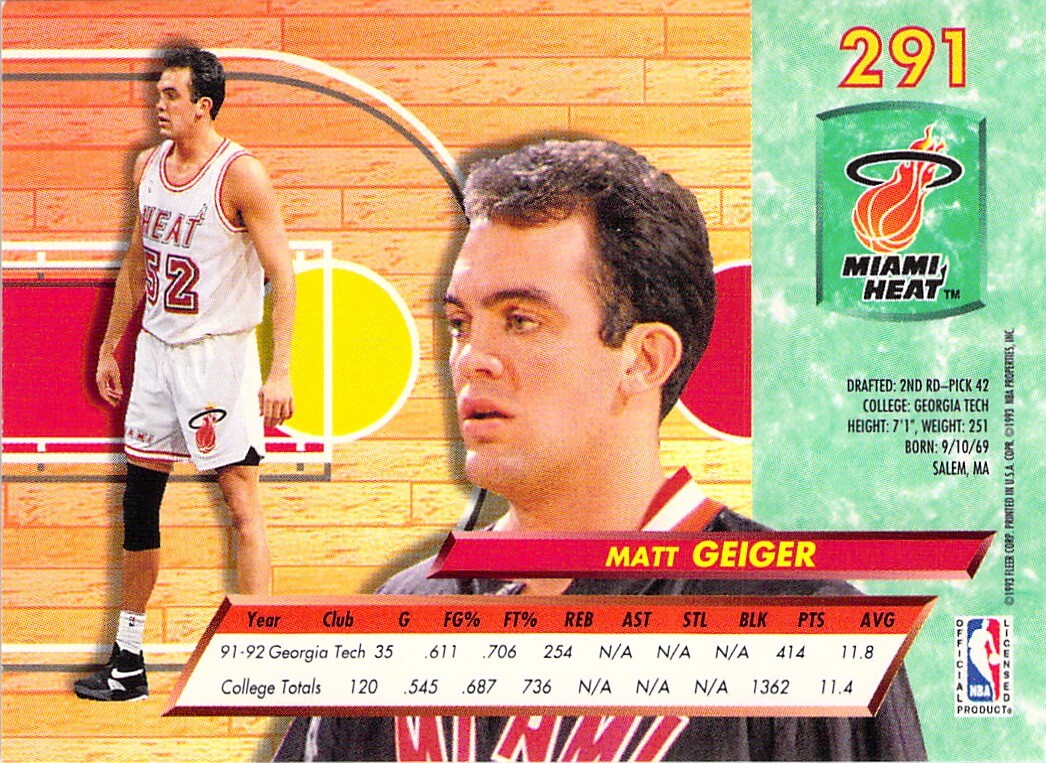 Matt Geiger RC 1992-93 Fleer Ultra NBA Basketball Rookie Card #291 ...