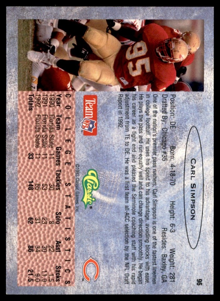 1993 Classic Carl Simpson . Chicago Bears #96 | eBay