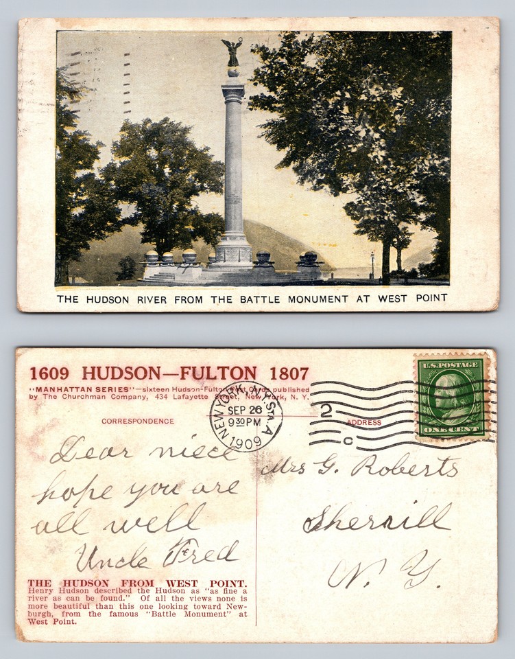 Hudson River Battle Monument Postcard West Point New York 1909 ...