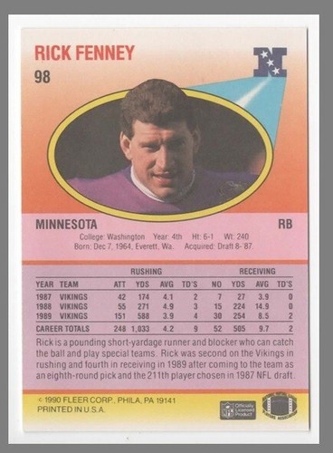 1990 Fleer NFL Rick Fenney Minnesota Vikings #98 RB Football Trading ...