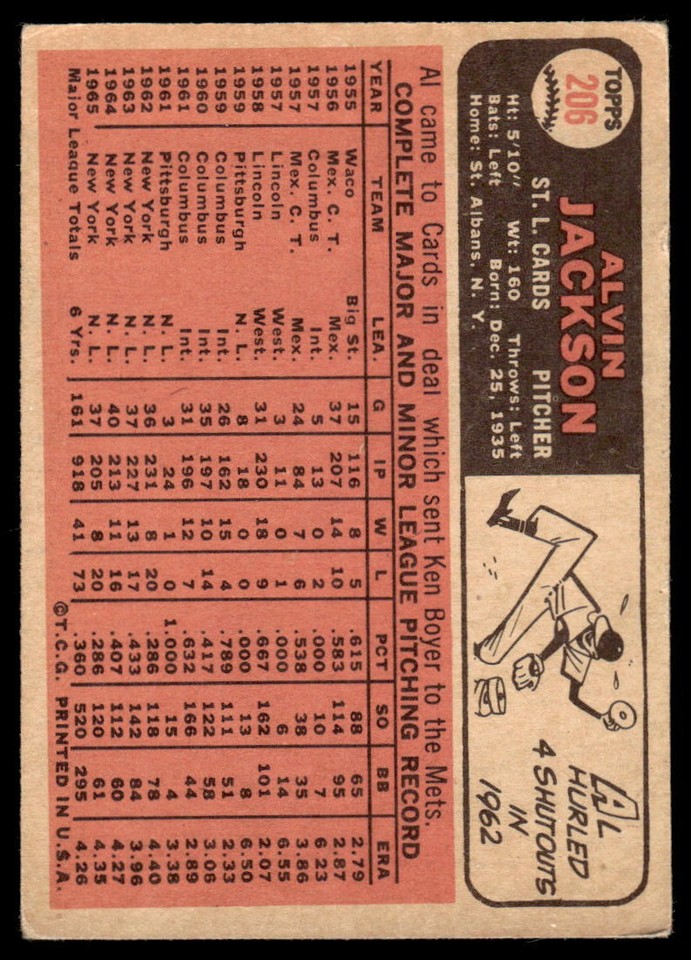 1966 Topps Alvin Jackson #206 St. Louis Cardinals Baseball Card | eBay