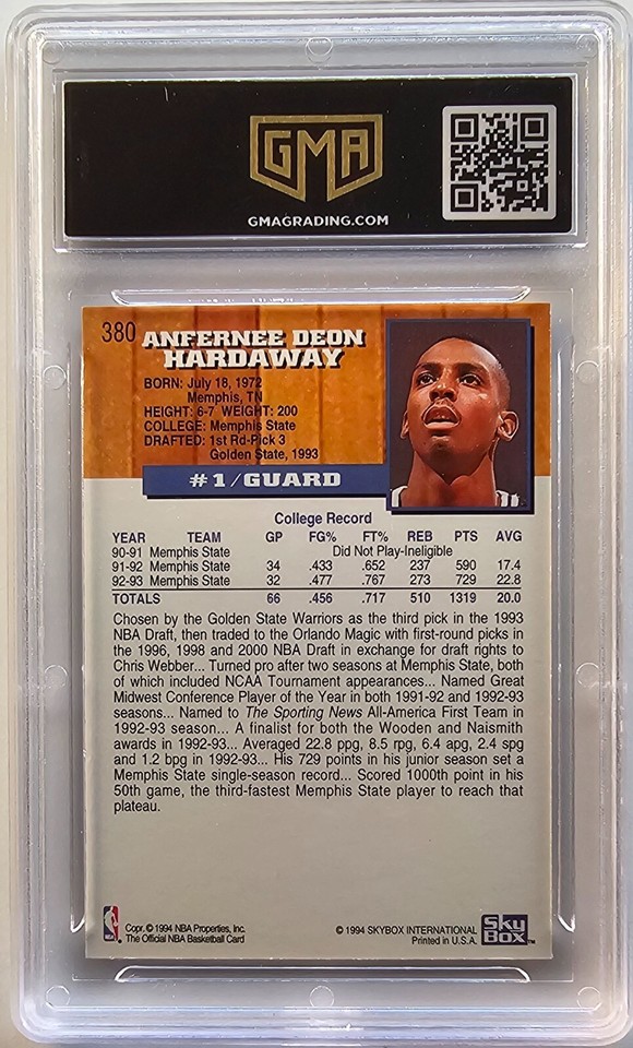 Anfernee Hardaway ROOKIE Graded GMA 10 Gem Mint 1993 NBA Hoops Card ...