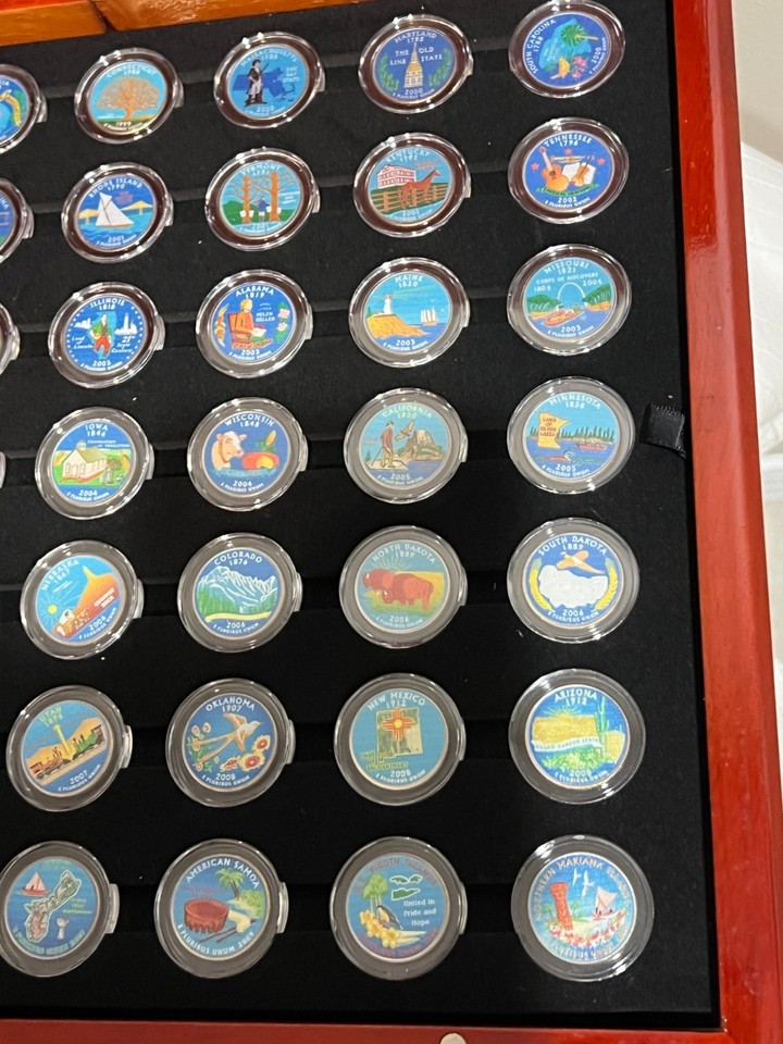 Complete COLORIZED STATEHOOD Quarter 56 Coin Set in Premium Cherry Wood ...