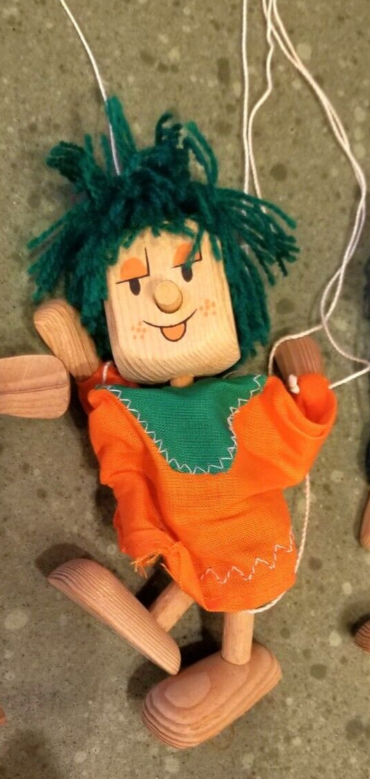 Vintage Wooden Block Square Head Yarn Hair Wood STRING PUPPET ...