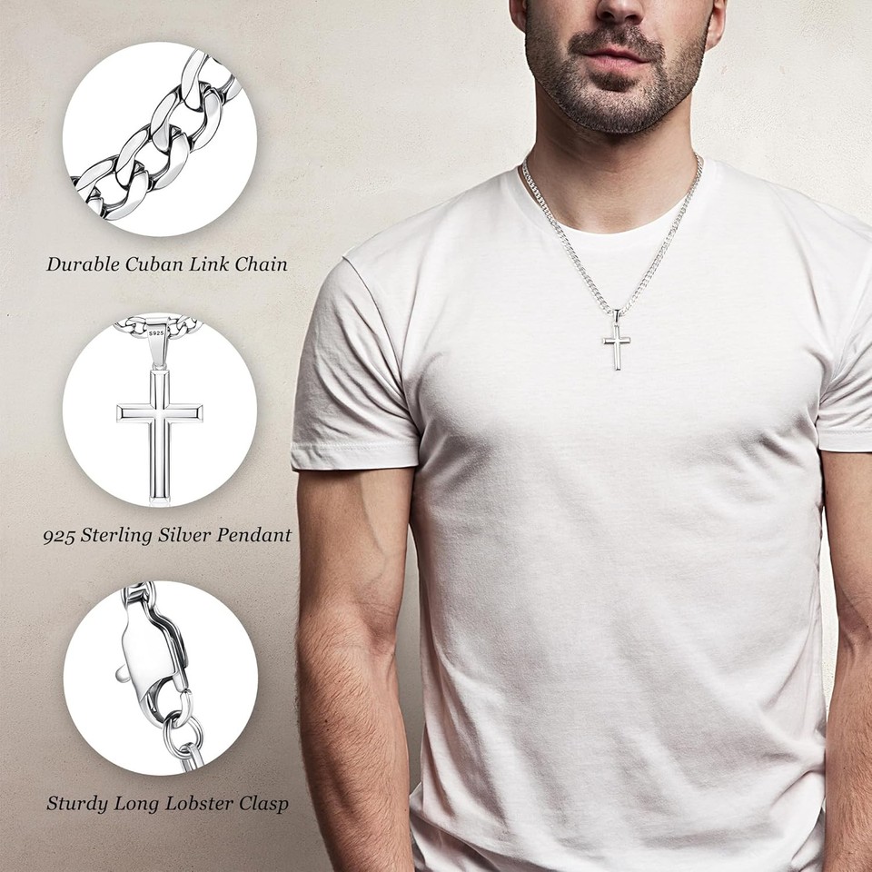 Besteel 925 Sterling Silver Cross Necklace for Men Women 5mm 316L ...