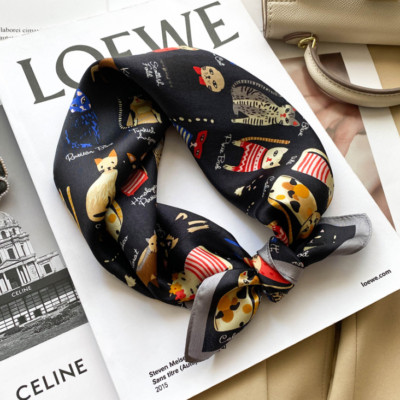 100% Mulberry Silk 20 "Square Scarf Women Neckerchief Wrap Cartoon Cat ...