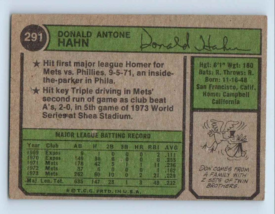 1974 Topps Don Hahn New York Mets #291 | eBay