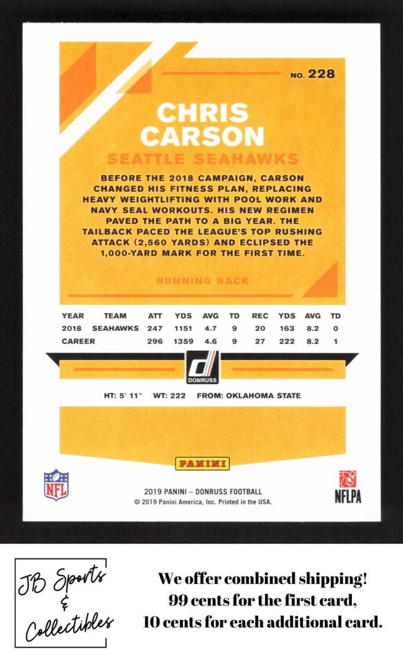 2019 Donruss Chris Carson Blue Press Proof #228 Seattle Seahawks | eBay