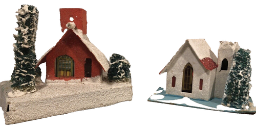 2 Vintage Putz Mica Christmas Holiday House Models Cardboard Made In ...