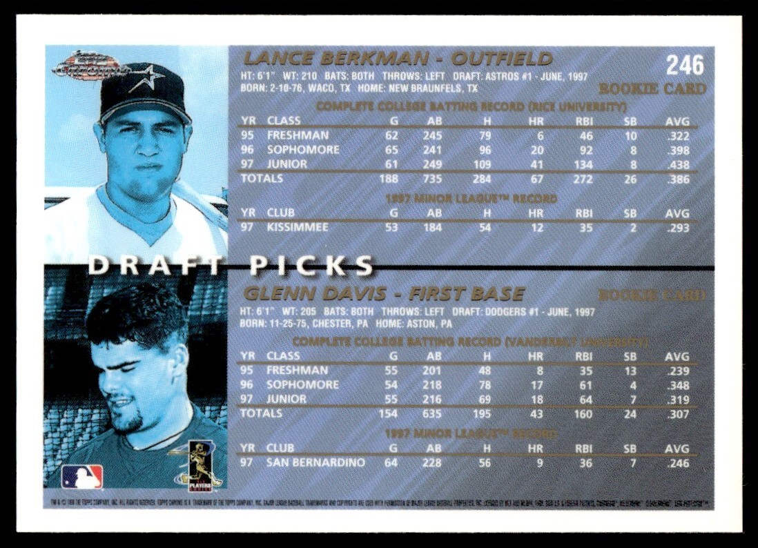1998 Topps Chrome Baseball Card Lance Berkman/Glenn Davis RC Draft ...