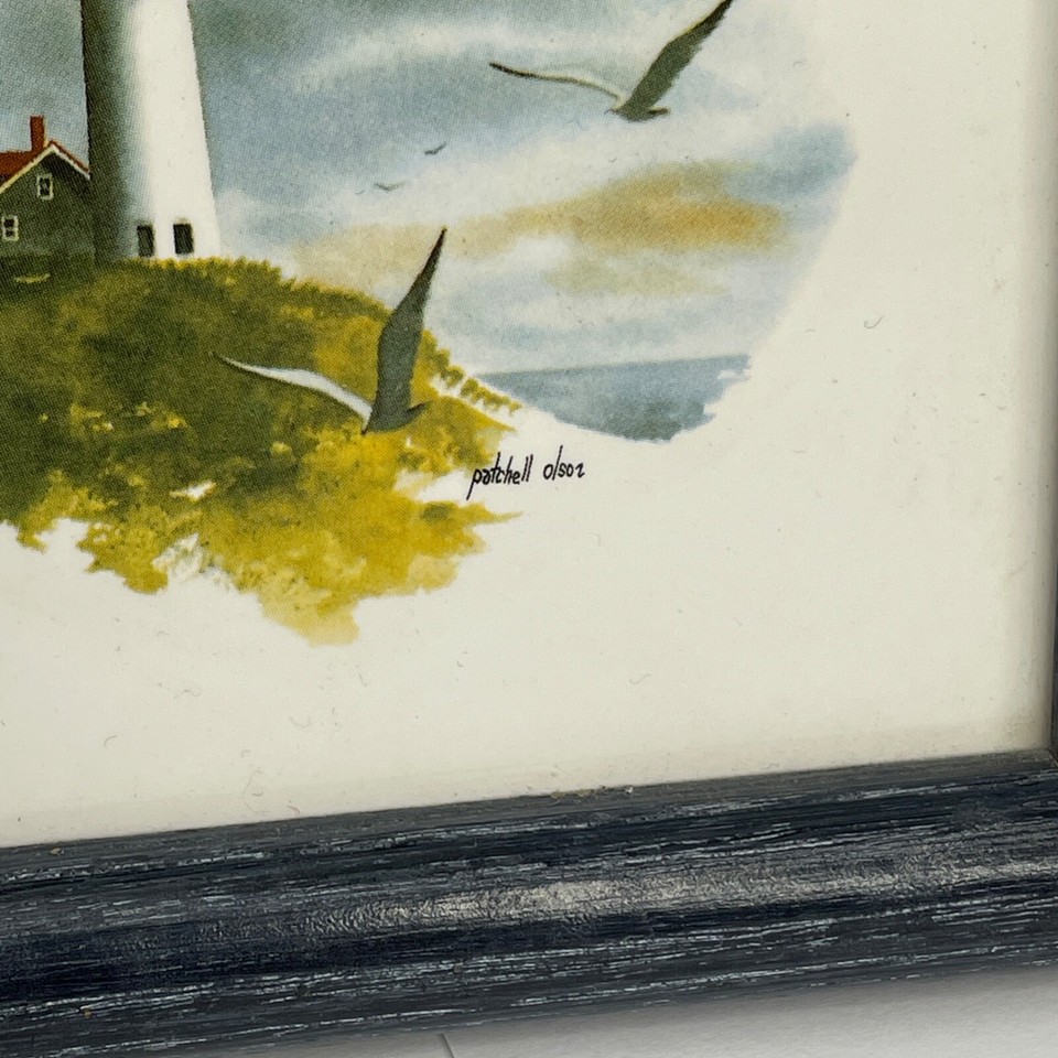 Denise Patchell Olson Small Lithograph Lighthouse Wood Framed Gulls 5 x ...