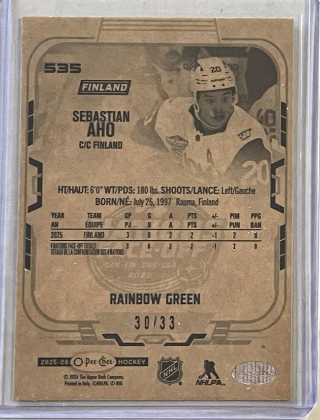 O-Pee-Chee 2025-26 - Sebastian Aho RAINBOW GREEN 4-Nations Face-Off SP ...