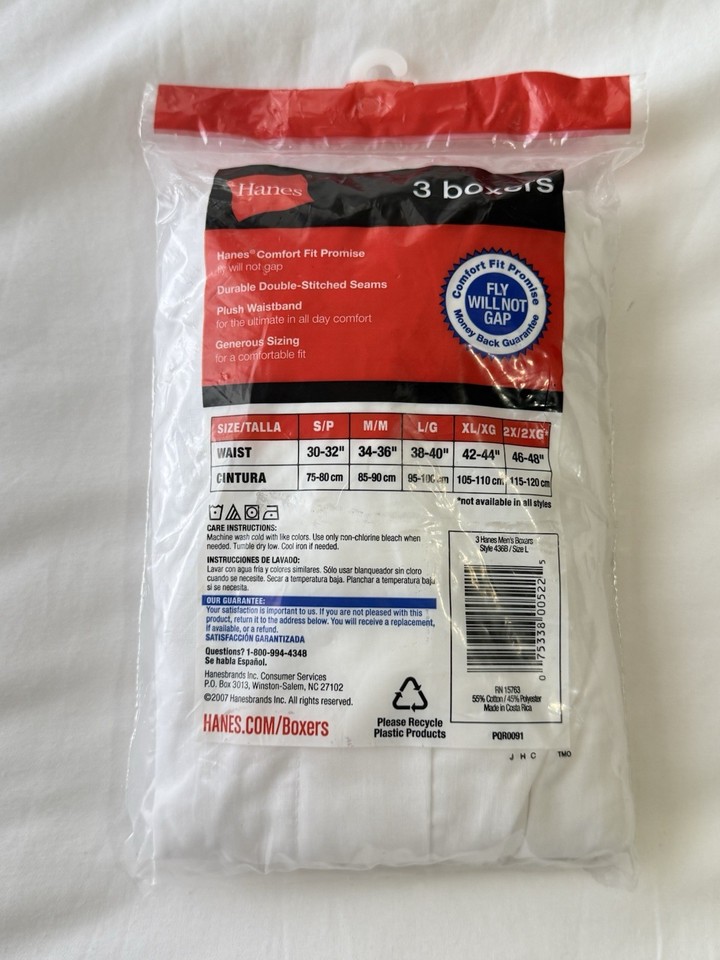 Hanes Men's 3 Pack Comfort Fit White Boxers L 38-40 Factory Sealed 2007 ...