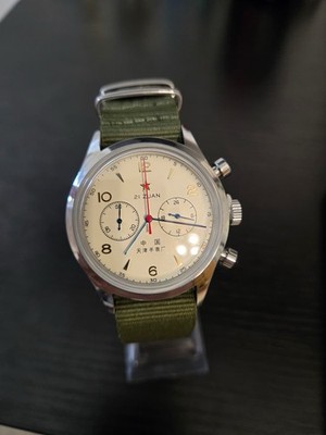 Seagull 1963 Chronograph Quartz 42mm Rice White Dial Green NATO Strap ...