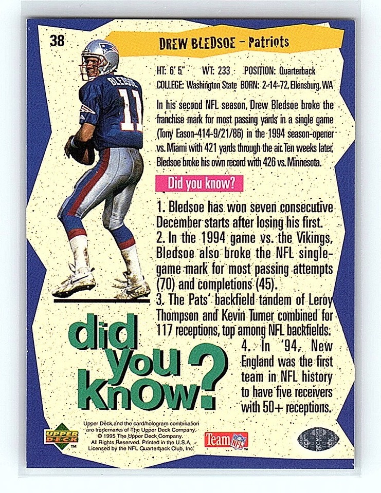 1995 Collector's Choice Players Club Drew Bledsoe New England Patriots ...