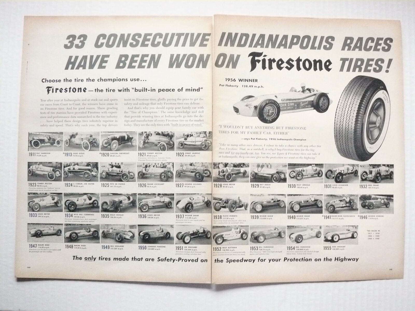 1956 Firestone Tires Pat Flaherty Indy 500 Winner 33 Consecutive Races ...