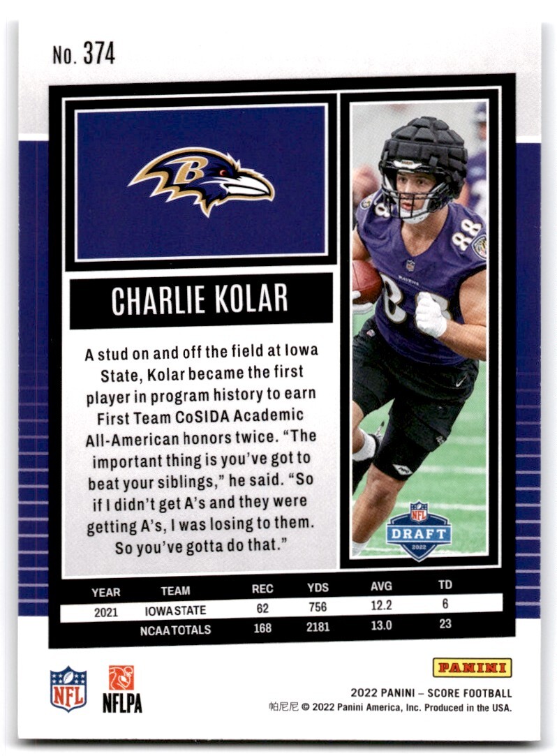 2022 Panini Score Charlie Kolar RC Baltimore Ravens #374 | eBay
