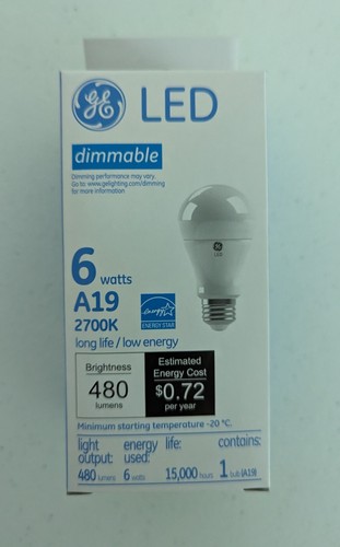 G.E. 69115 - 6W 120V LED A19 Bulb (Dimmable) - LED6DA19/827 - 1 Pack ...