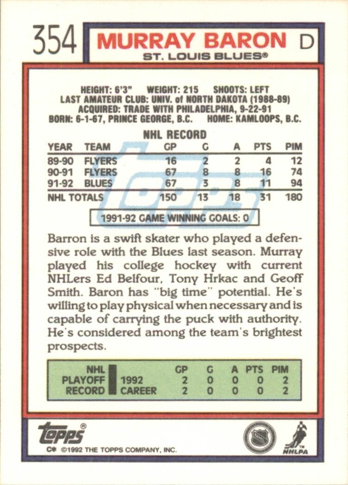 1992-93 Topps NHL Murray Baron #354 | eBay
