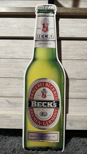 VINTAGE Beck's Beer Bottle Tin Tacker Metal Bar Man Cave Sign Tall 8" x ...