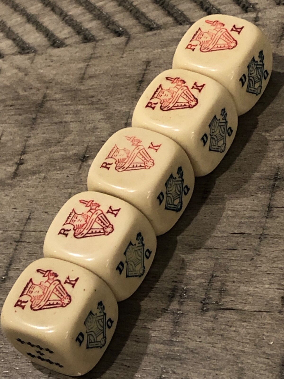 Old French celluloid colored engraved pips oversized poker dice set ...
