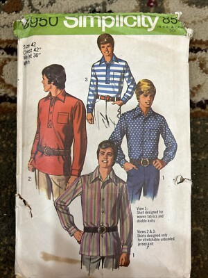 Vintage 1970 Simplicity Sewing Pattern 8950 Men's Shirt Size 42 Waist ...